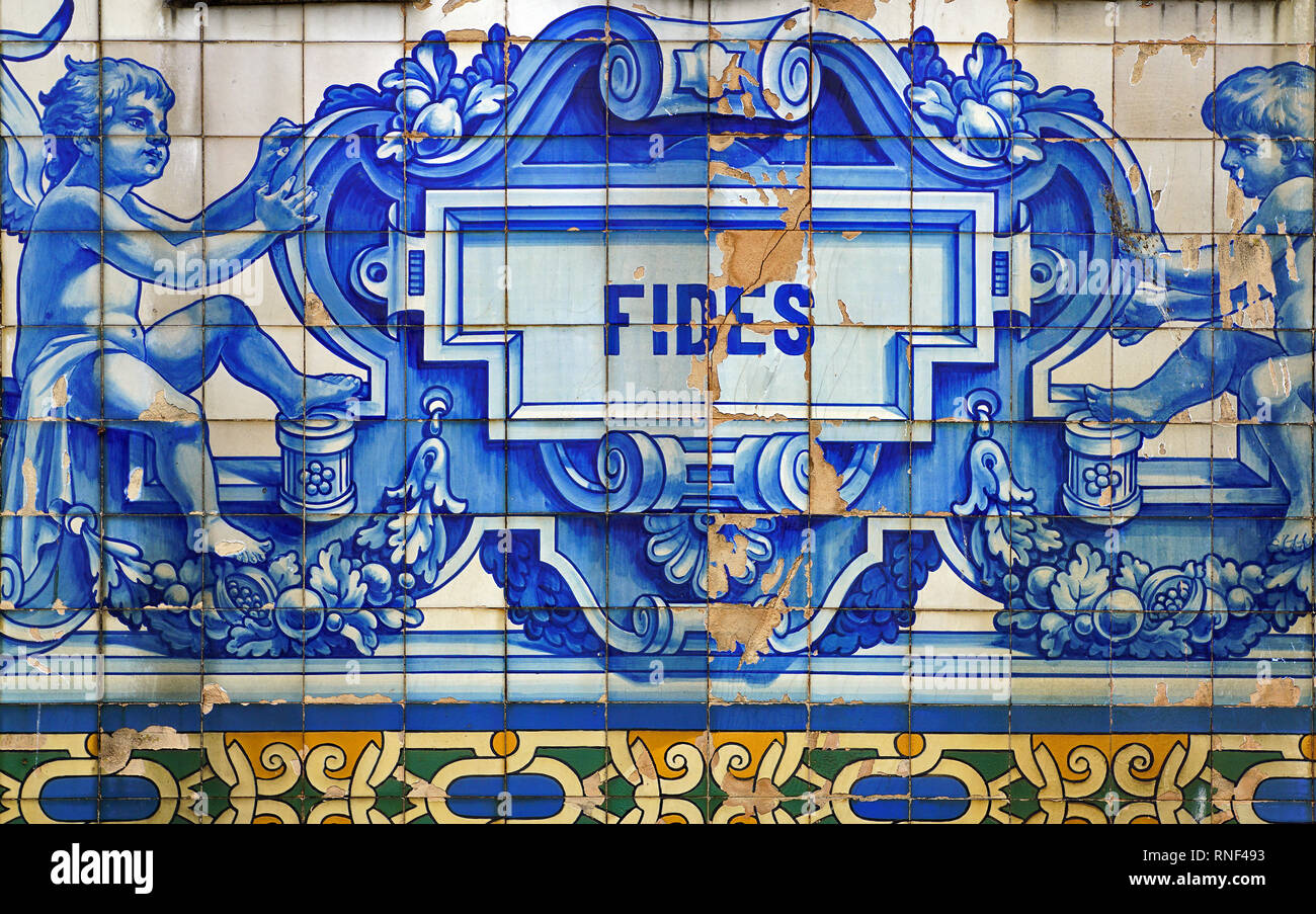 Azulejo tiles with lettering Fides Faith Trust in Porto Portugal Stock ...