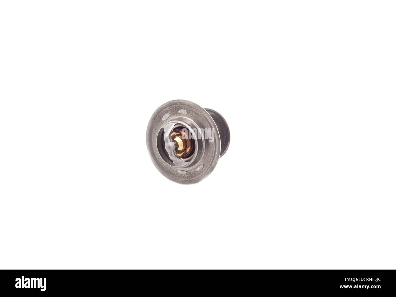 Automotive part engine cooling system thermostat on a white background ...