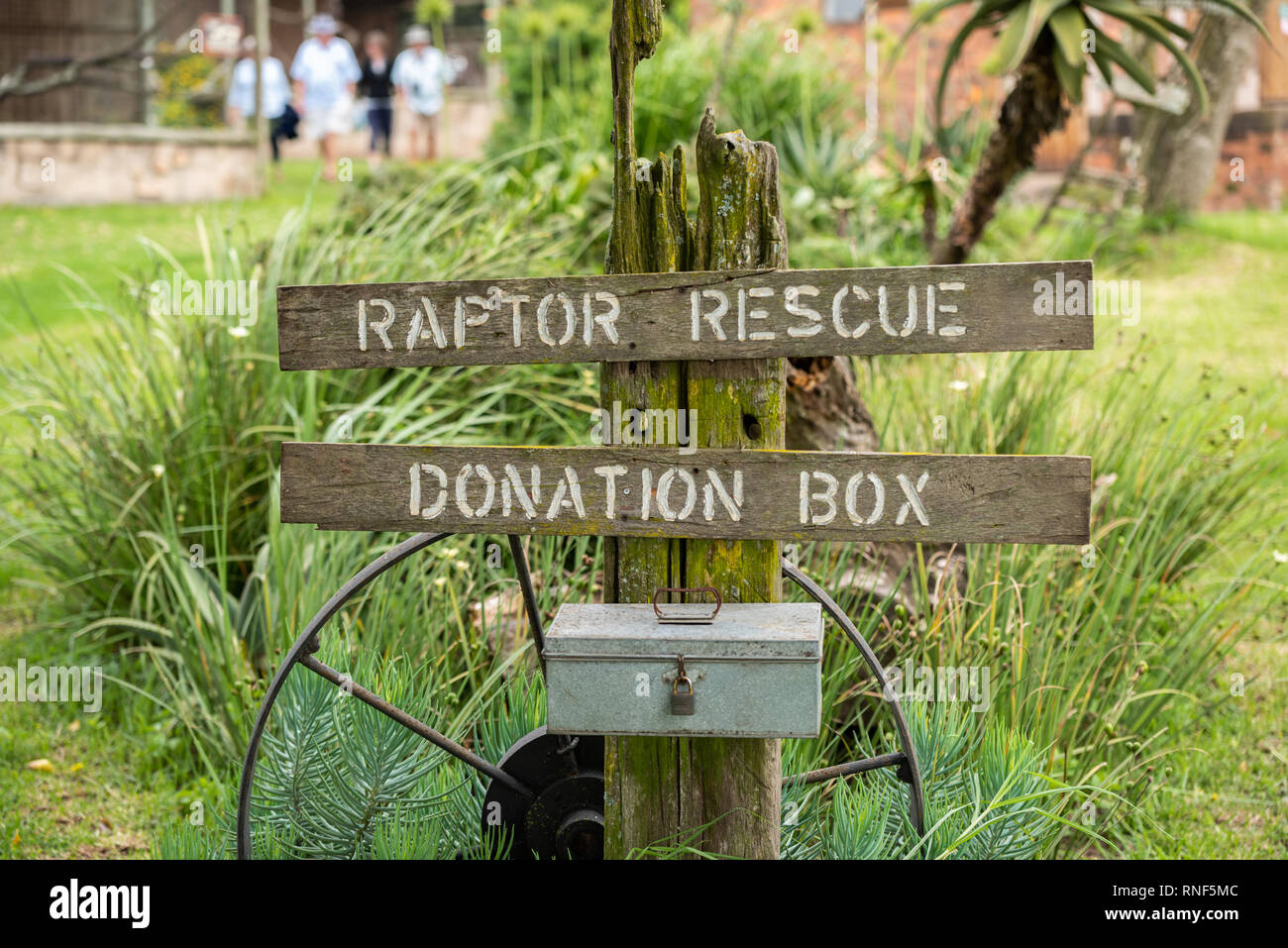 A donation box for raptor rescue at the African Bird of Prey Sanctuary ...