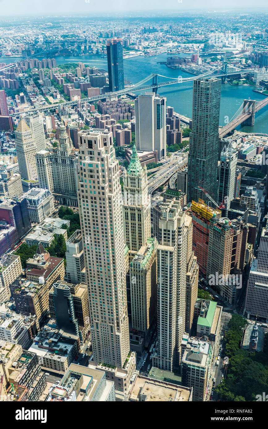 Overview of skyscrapers, East River and the Bridge Brooklyn in ...