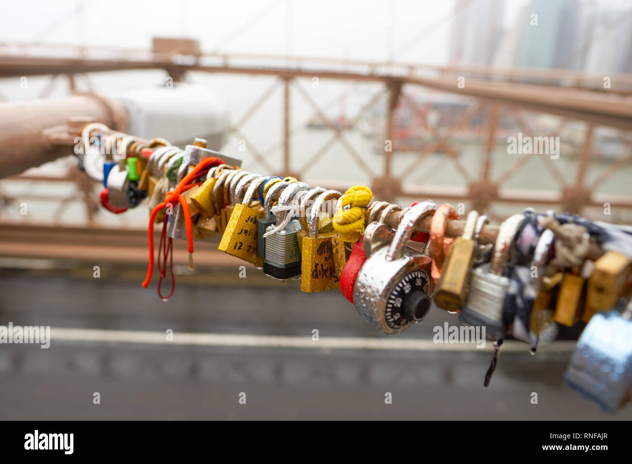 NEW YORK - CIRCA MARCH, 2016: love locks on the Brooklyn Bridge. The ...