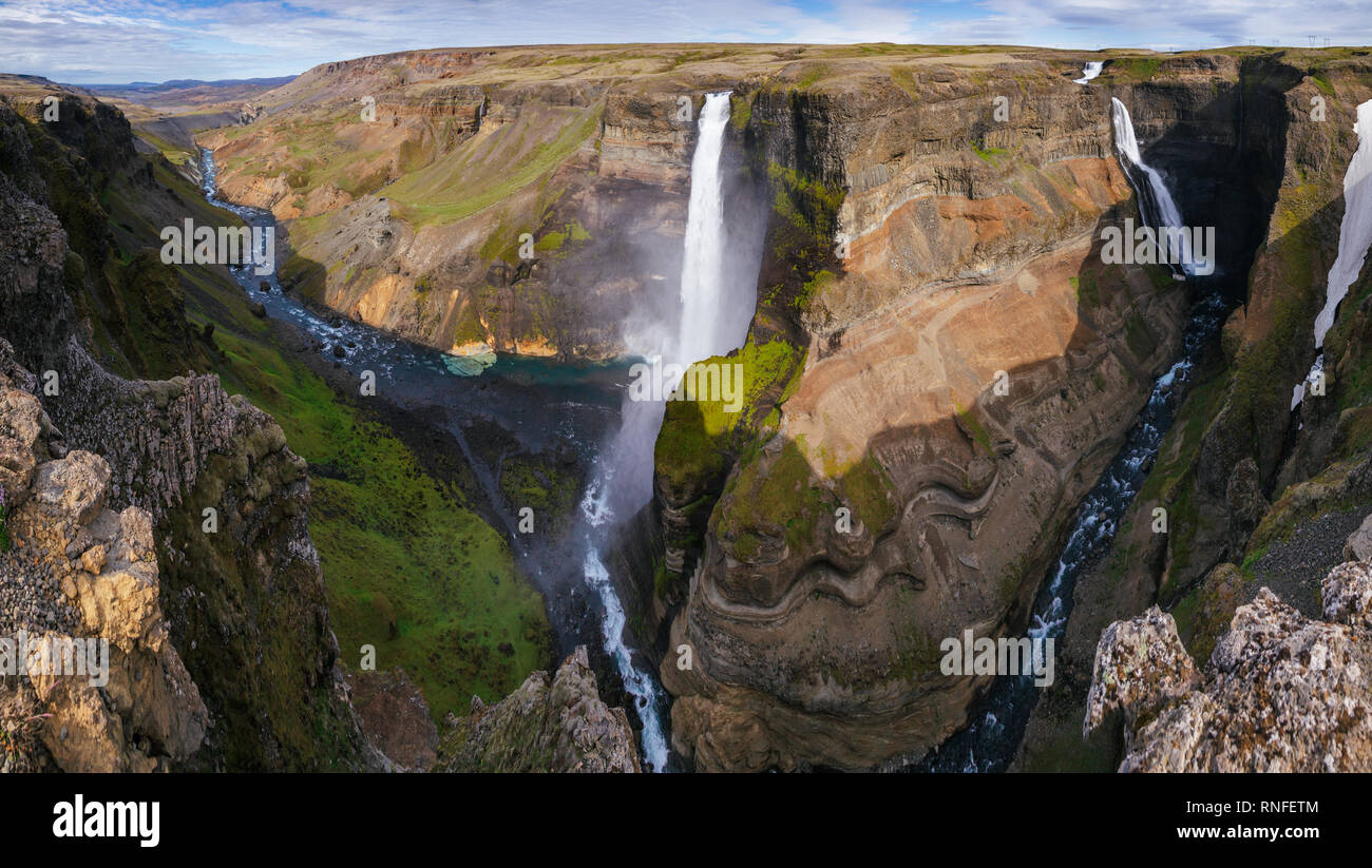 Panoramic view of Háifoss waterfall on the Fossá river near the volcano ...