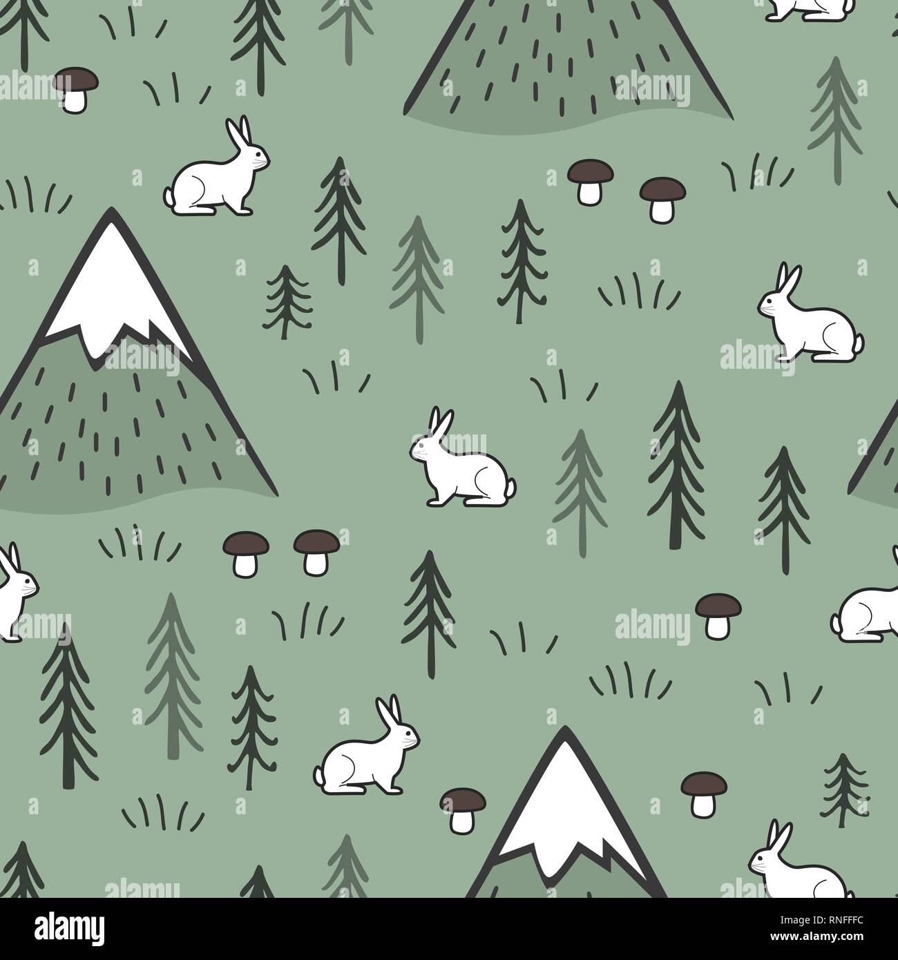 Rabbit and Mountains Seamless Pattern Background, Scandinavian Happy ...