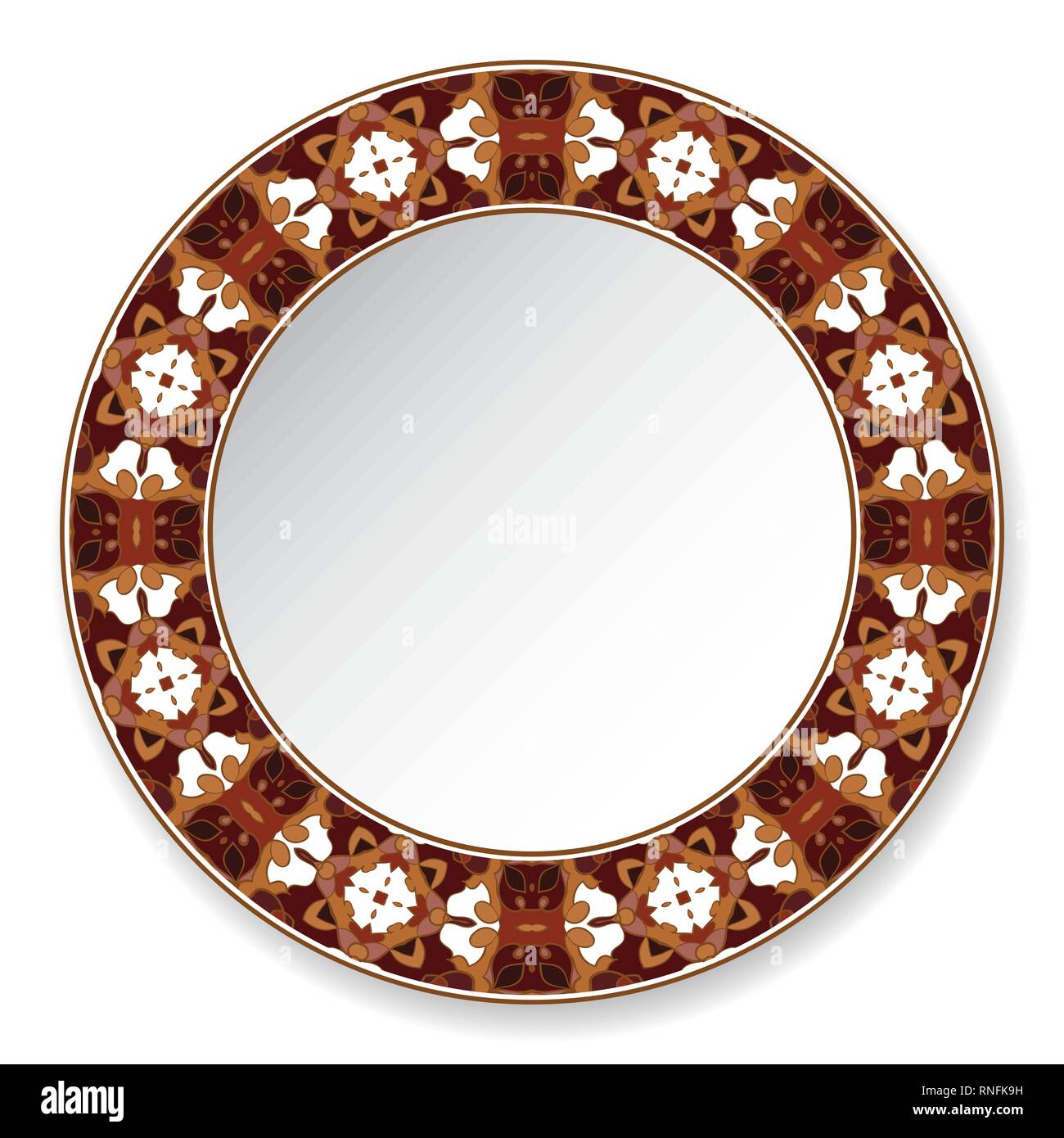 Decorative plate with a circular brown pattern, top view. White ...