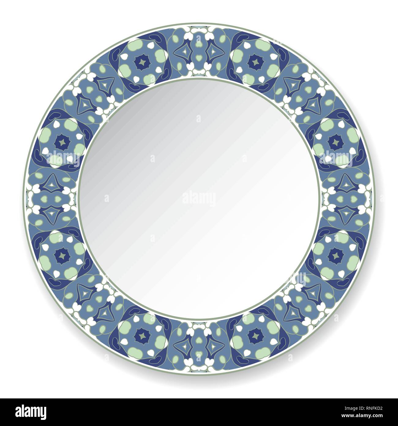 Decorative plate with a circular blue pattern, top view. White ...