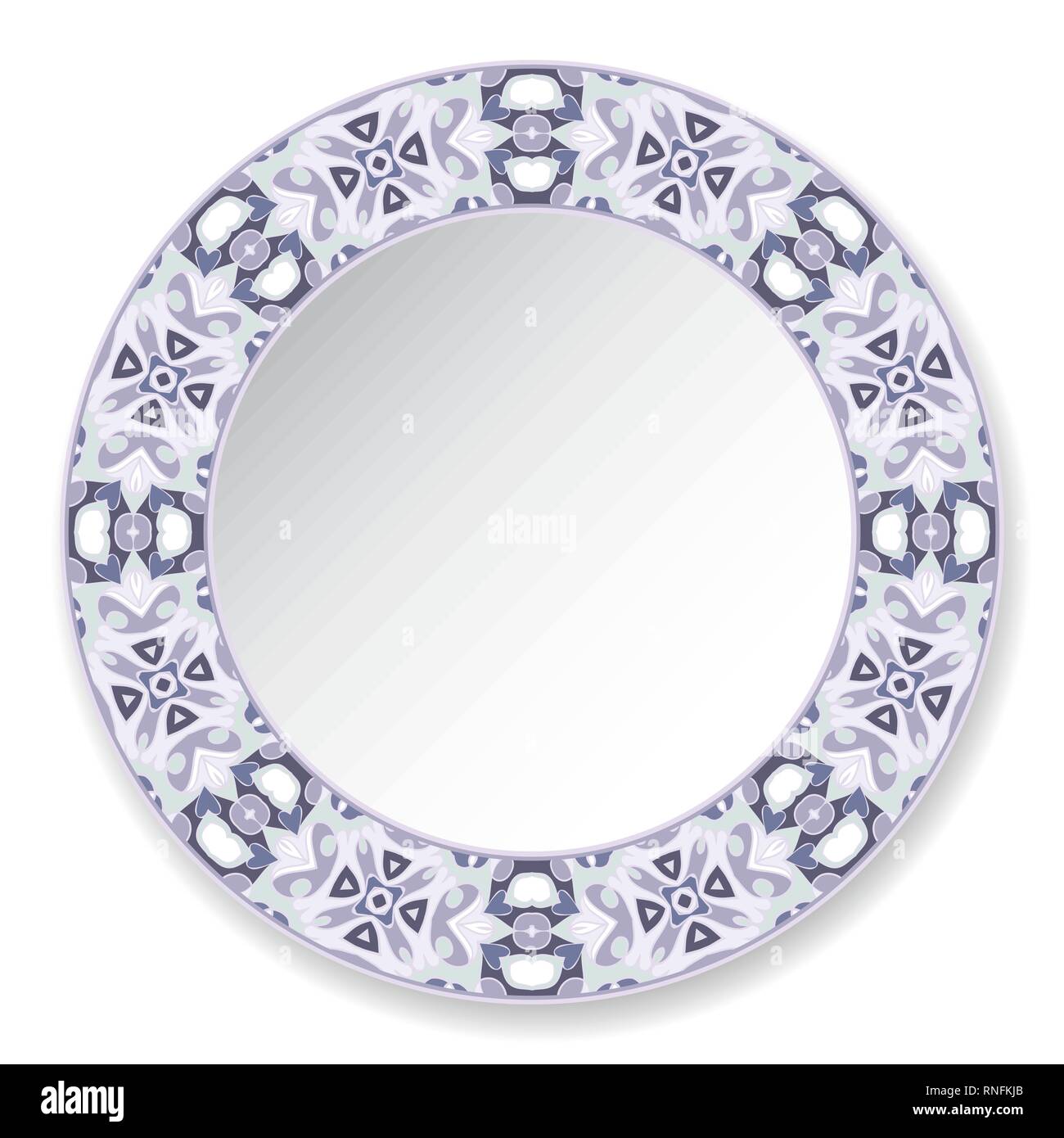 Decorative plate with a circular blue pattern, top view. White ...