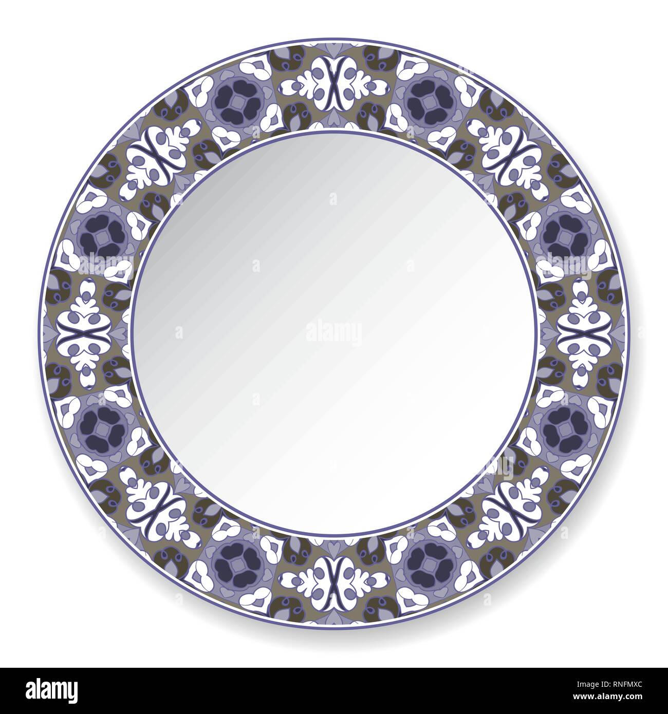 Decorative plate with a circular blue pattern, top view. White ...
