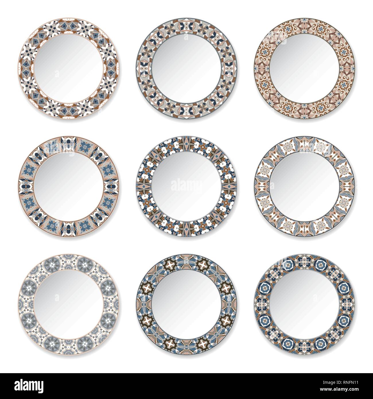 Set of decorative plates with a circular colorful pattern, top view ...