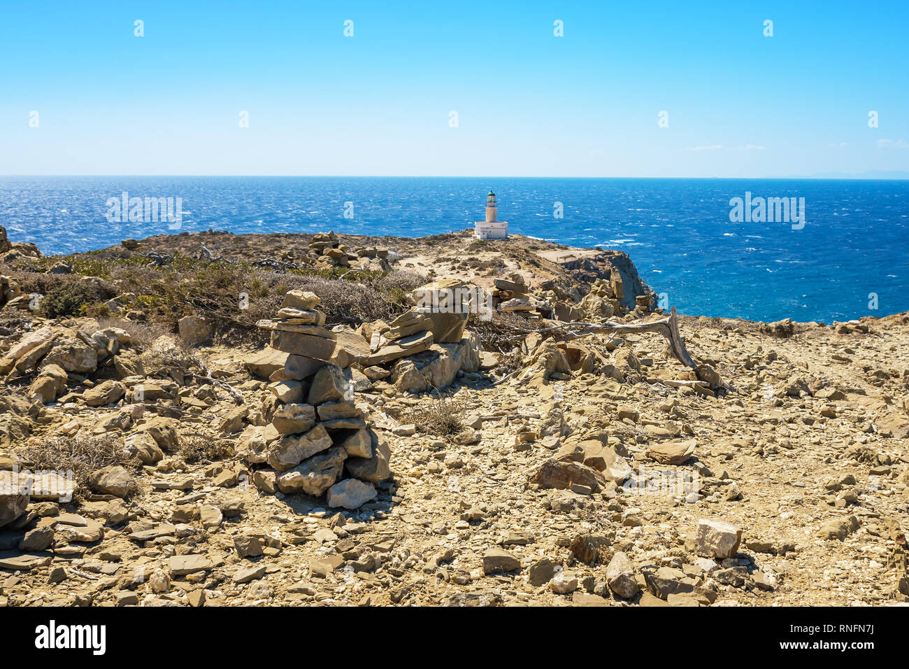 White lighthouse in Prasonisi National Park – southest spot of Island ...