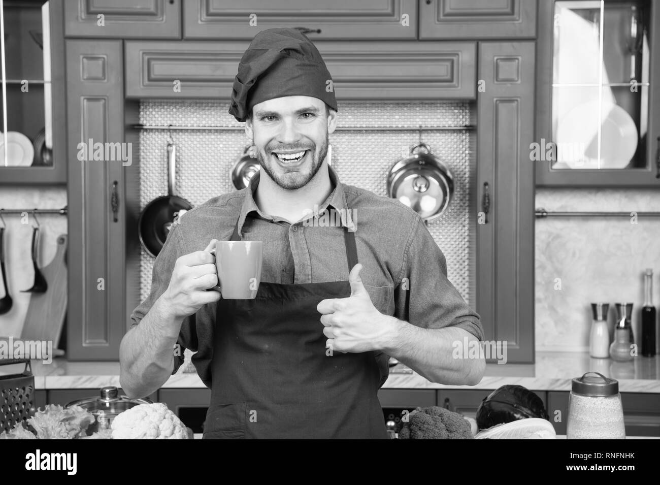 Man chef hold mug drink beverage. Great taste. Chef prepared delicious ...