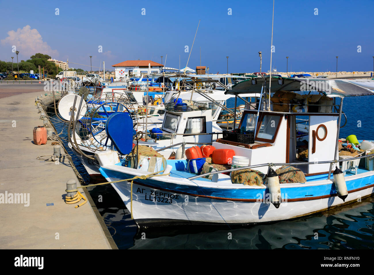 traditional Cypriot fishing boats at the quayside, Zygi, Larnaca ...
