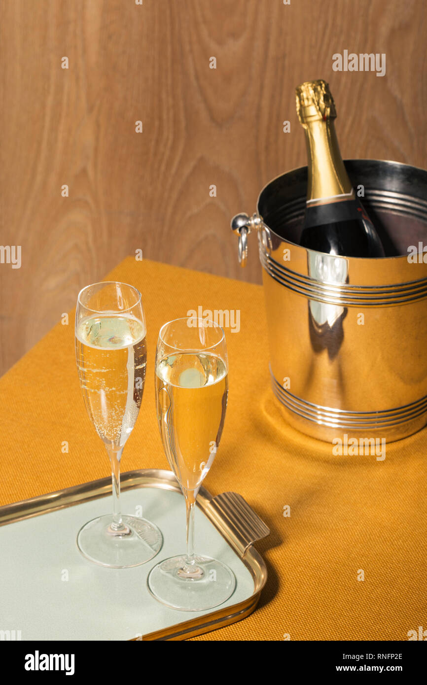 Flutes filled with sparkling Prosecco, in pop contemporary style ...