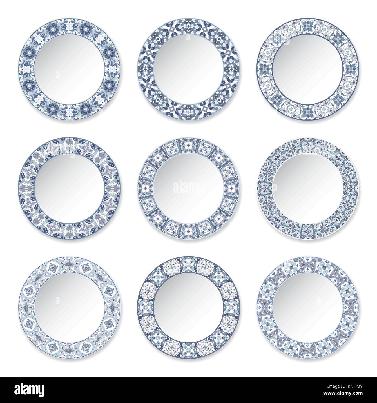 Set of decorative plates with a circular blue pattern, top view. White ...