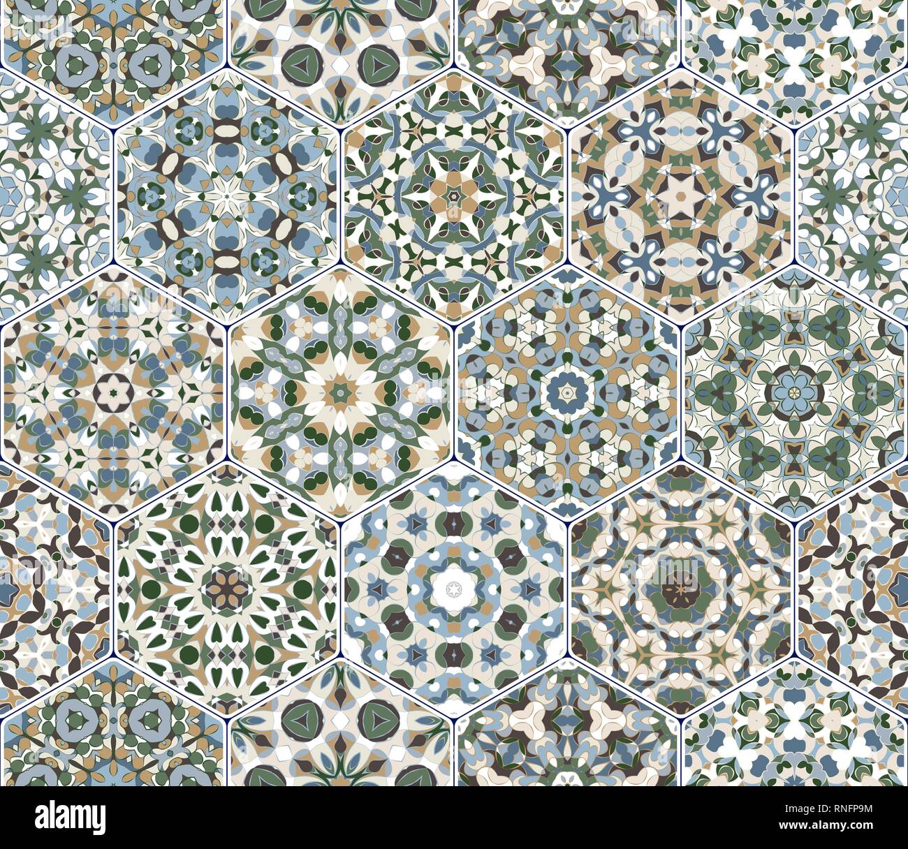 A rich set of hexagonal ceramic tiles. Colorful elements in oriental ...