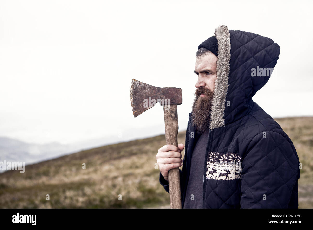 lumberhack. Handsome man hipster or guy with beard and moustache on ...