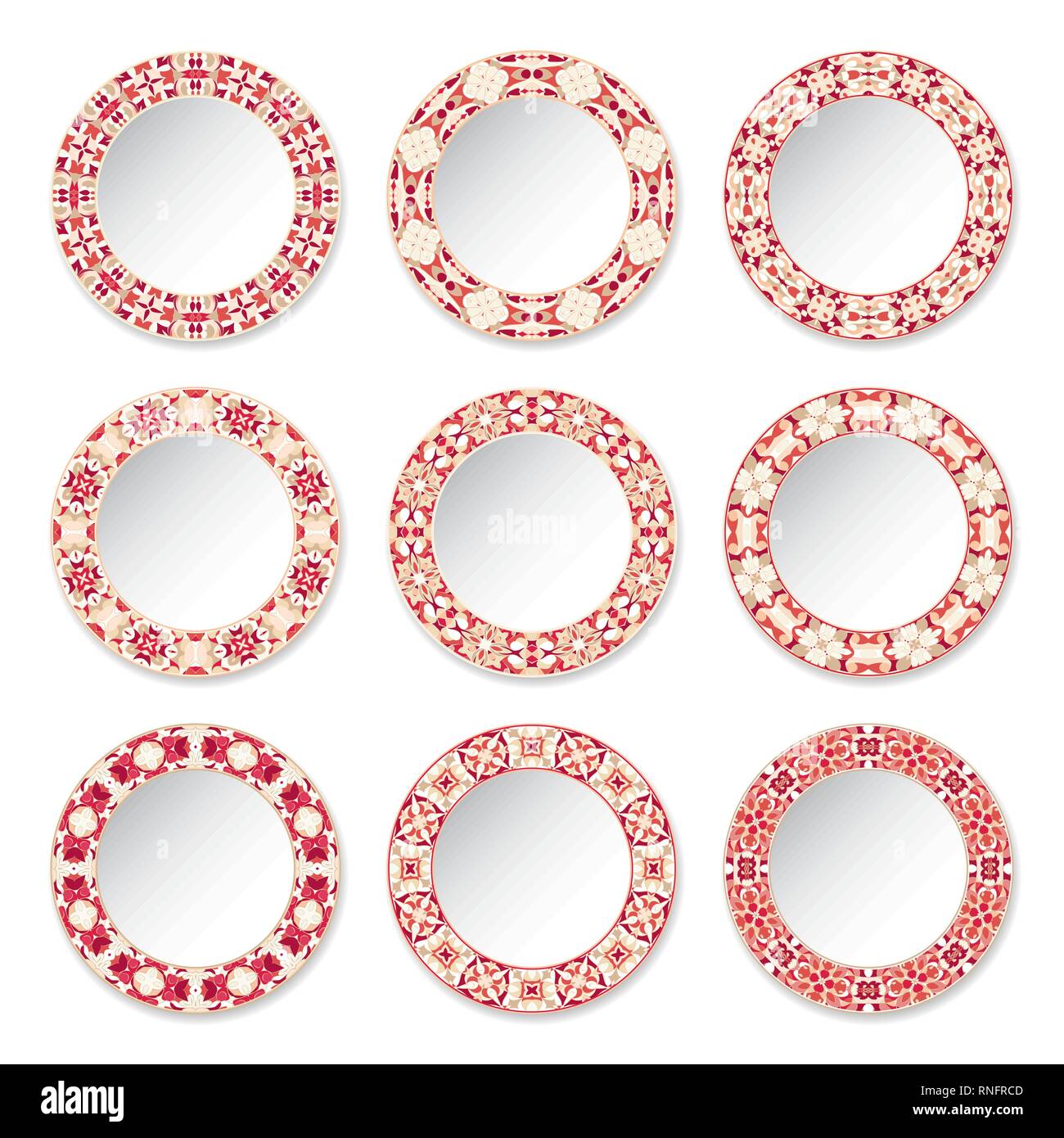 Set of decorative plates with a circular red pattern, top view. White ...