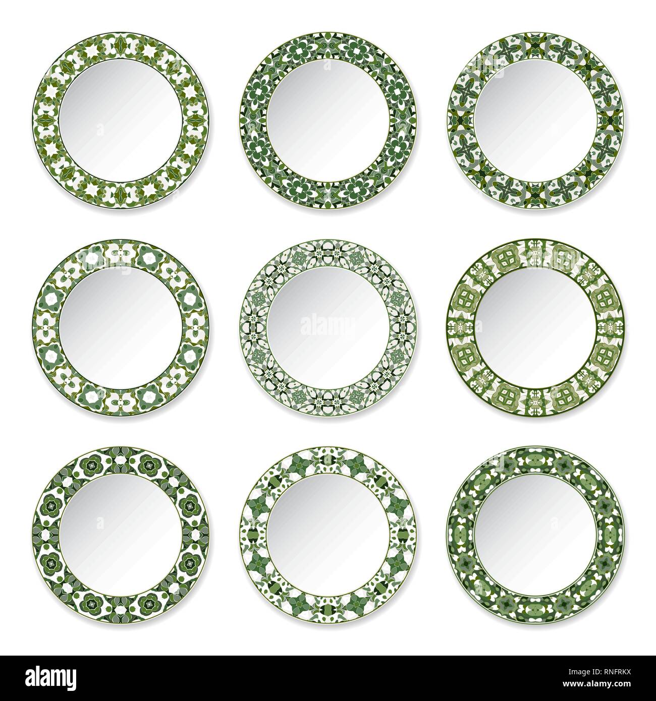 Set of decorative plates with a circular green pattern, top view. White ...
