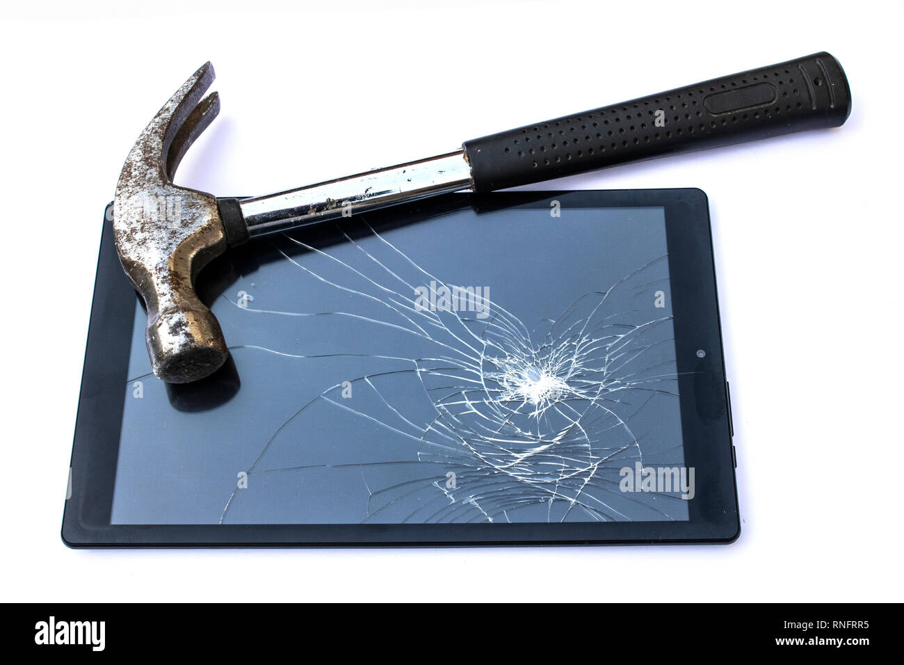 Broken Smart Phone Tablet Mobile Device With hammer on White Background ...
