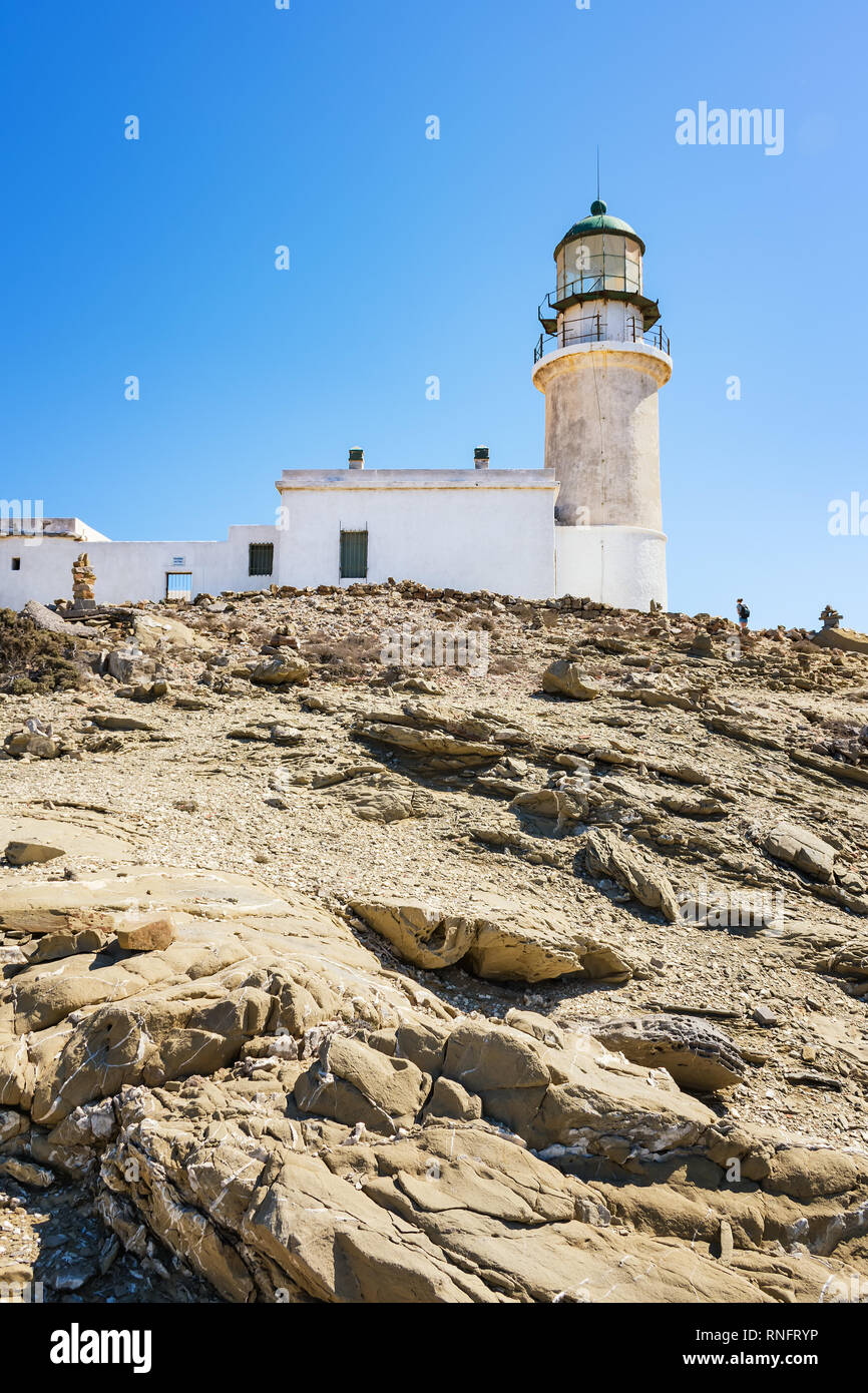 White lighthouse in Prasonisi National Park – southest spot of Island ...