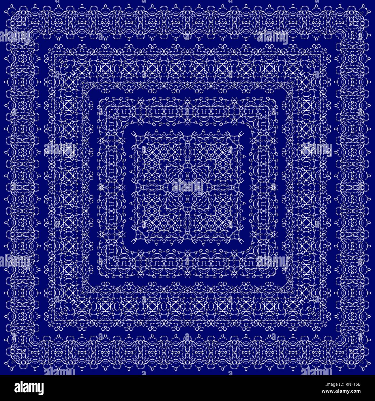 Blue handkerchief with white ornament. Square ornament for print on ...