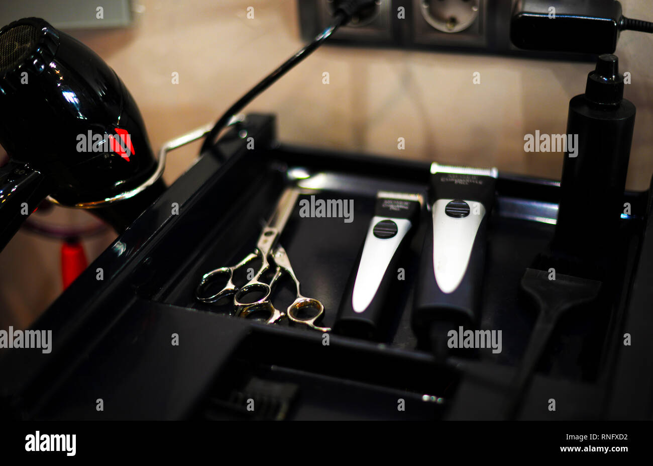 clipper and shaving machine, scissors, hairdryer, spray. beauty saloon ...