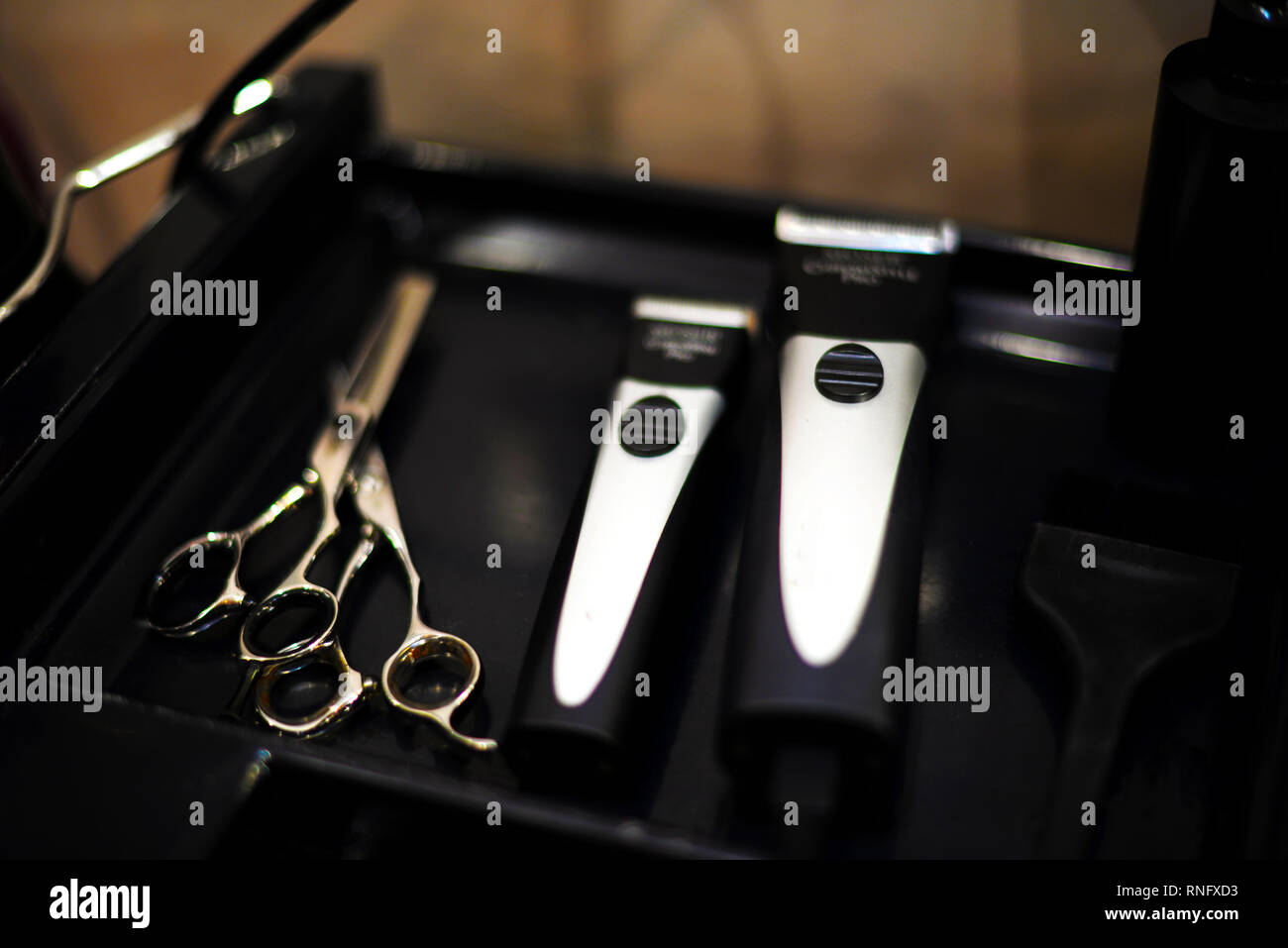 clipper and shaving machine, scissors, hairdryer, spray. beauty saloon ...