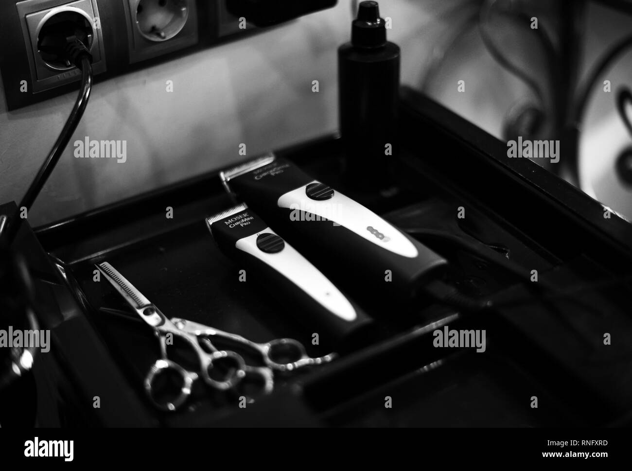 clipper and shaving machine, scissors, hairdryer, spray. beauty saloon ...