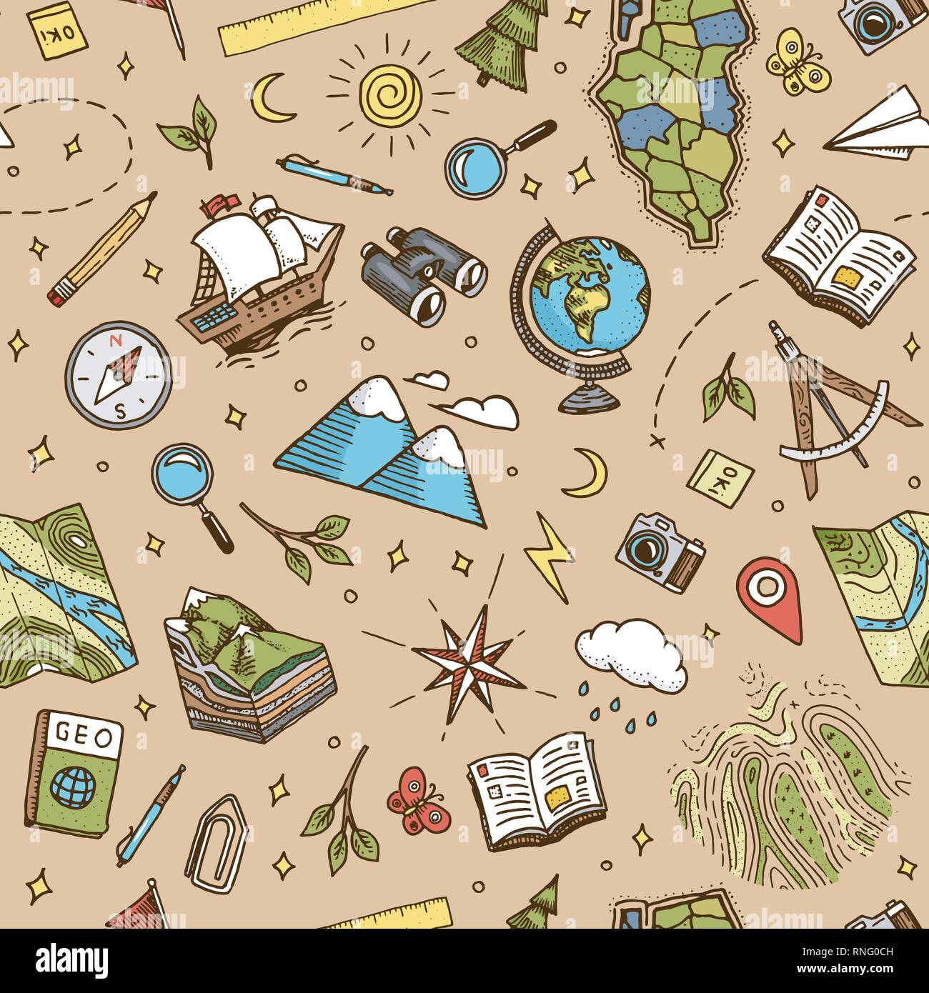 Geography symbols seamless pattern. Equipments for web banners ...