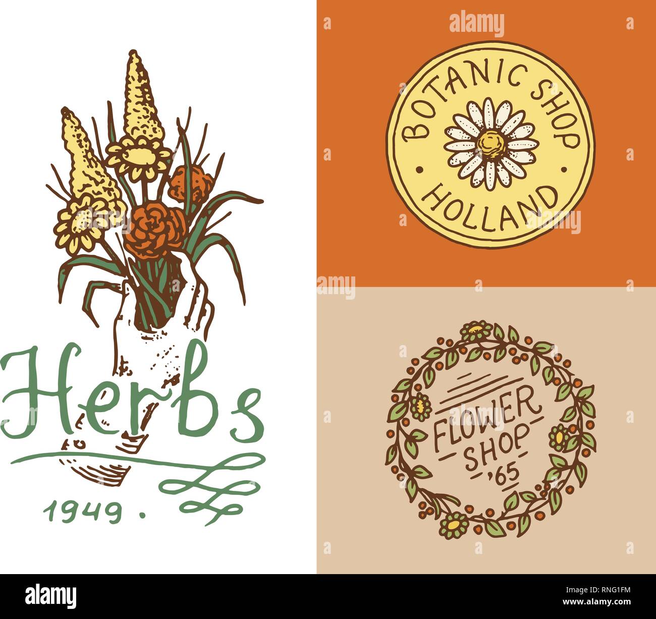 Flower shop emblems and Bright logo. Vintage bouquet. Gardening signs ...