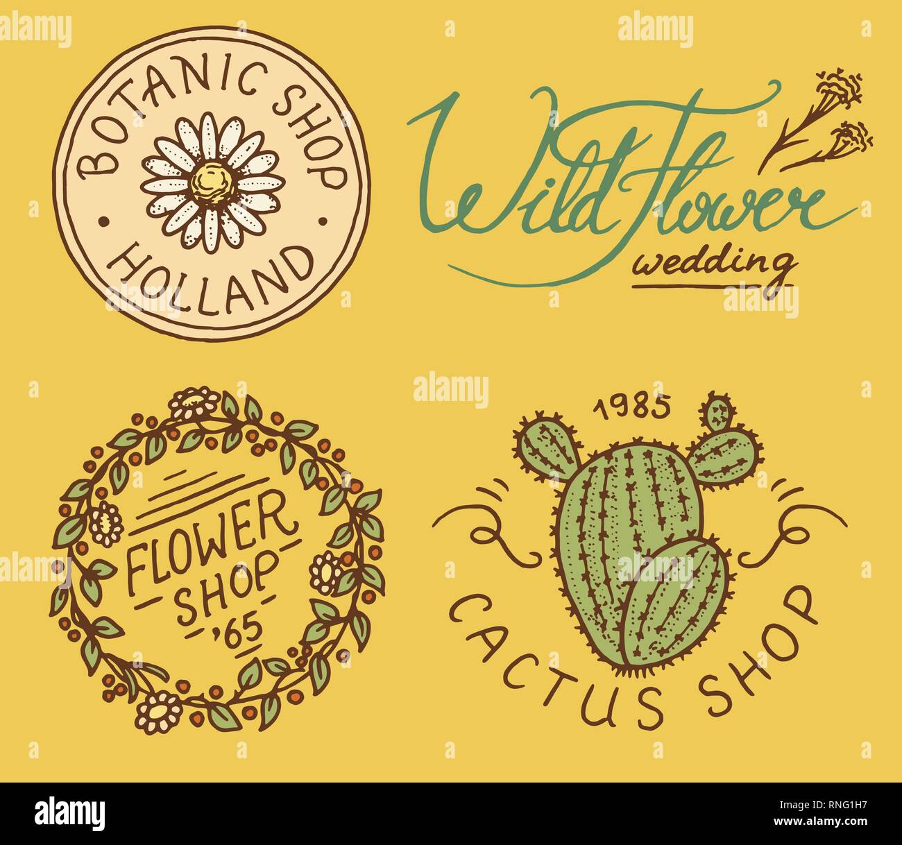 Flower shop emblems and Bright logo. Vintage bouquet. Gardening signs ...