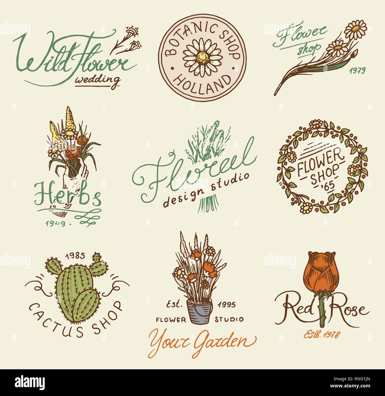 Flower shop emblems and Bright logo. Vintage bouquet. Gardening signs ...