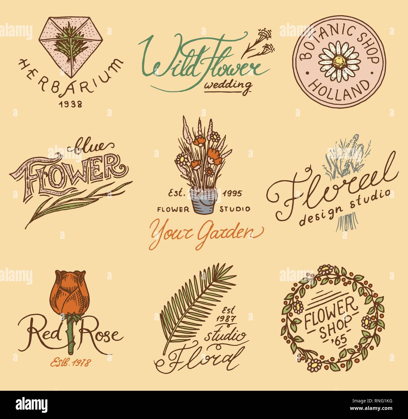 Flower shop emblems and Bright logo. Vintage bouquet. Gardening signs ...