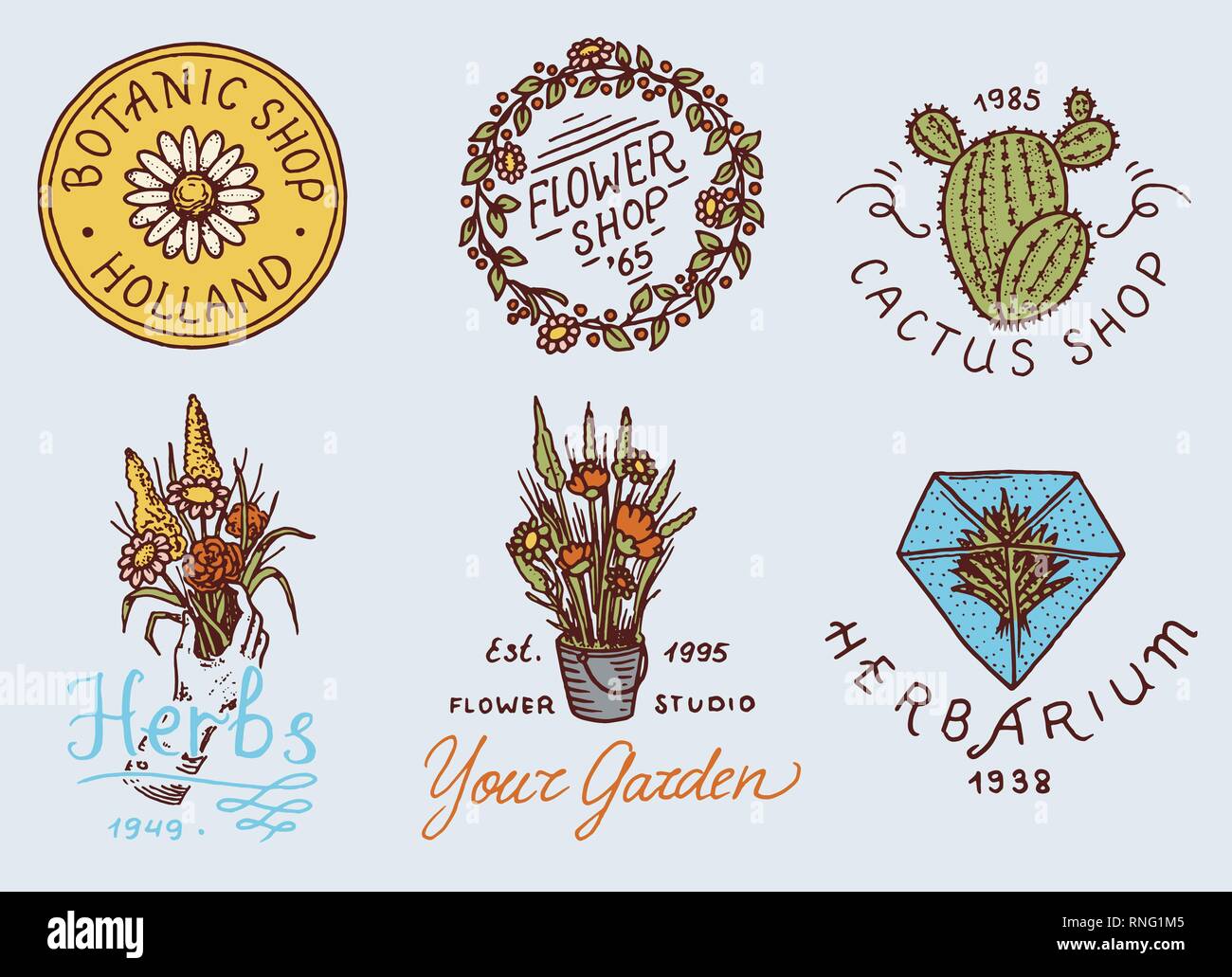 Flower shop emblems and Bright logo. Vintage bouquet. Gardening signs ...