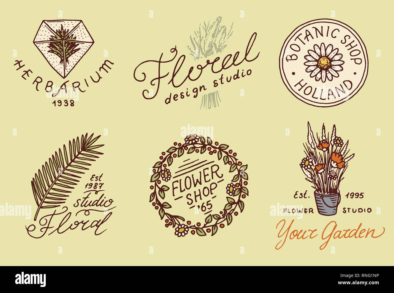Flower shop emblems and Bright logo. Vintage bouquet. Gardening signs ...