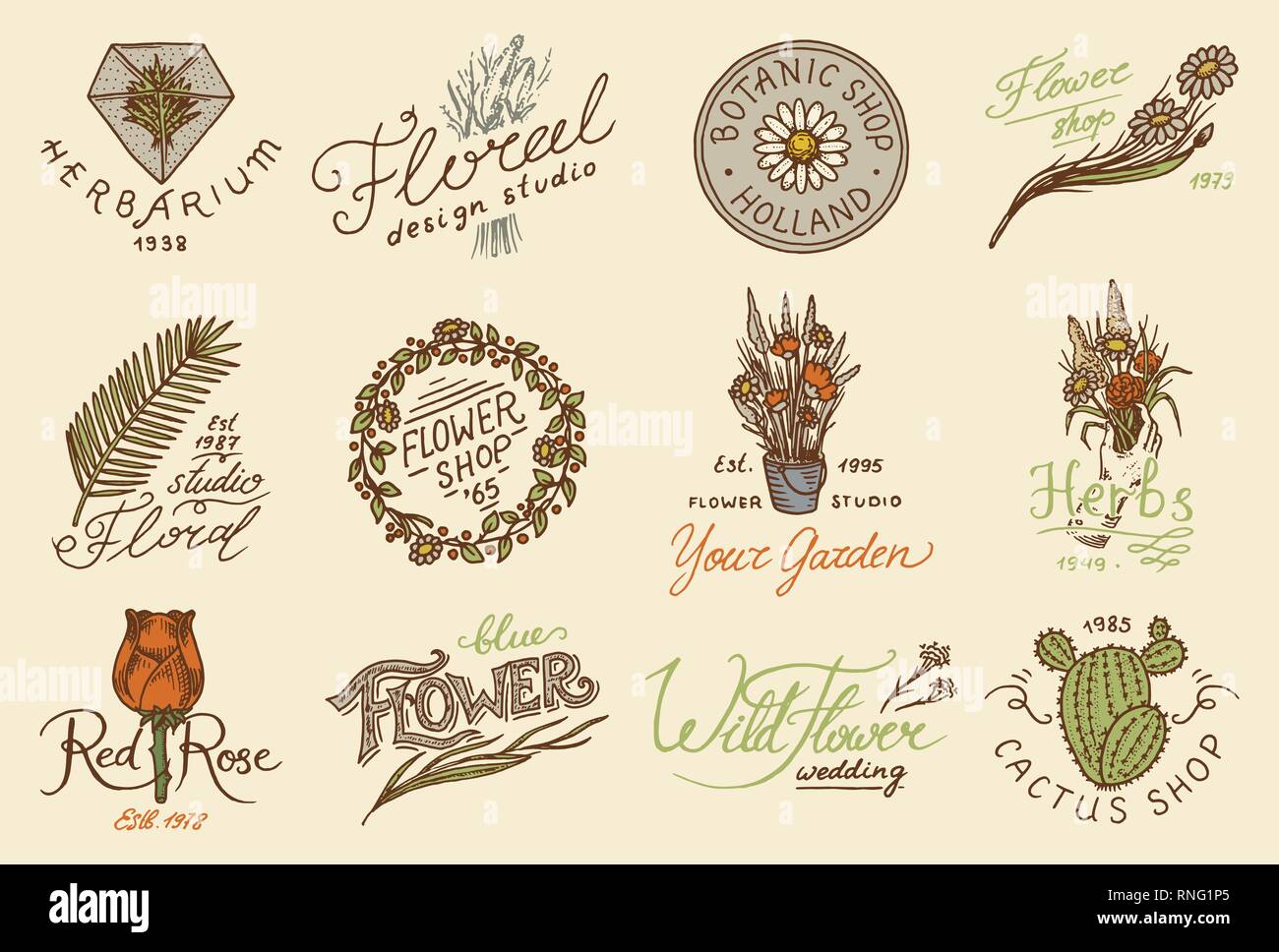 Flower shop emblems and Bright logo. Vintage bouquet. Gardening signs ...