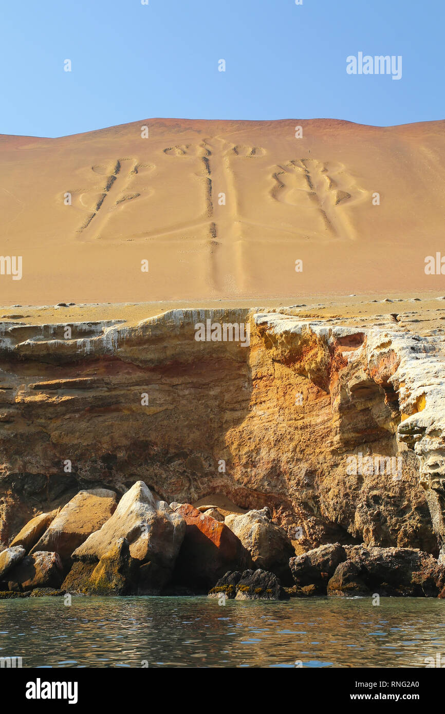 Candelabra of the Andes in Pisco Bay, Peru. Candelabra is a well-known ...
