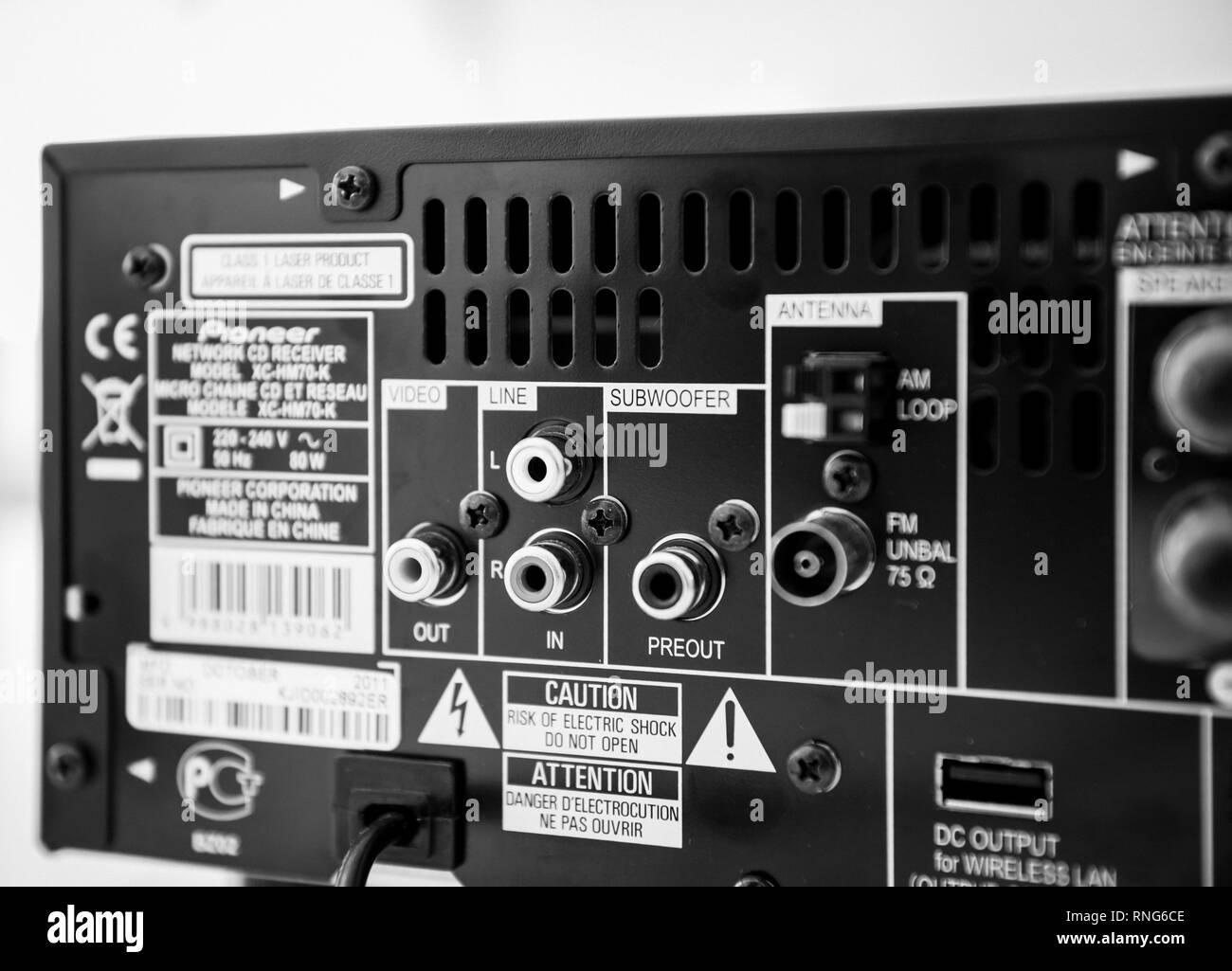PARIS, FRANCE - FEB 18, 2013: Rear part of a power music amplifier with ...