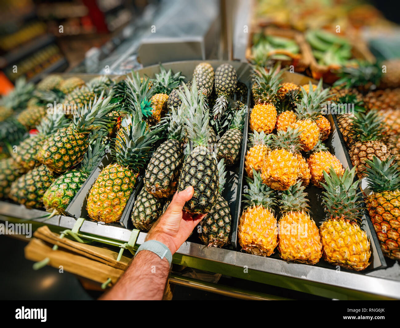 Male hand shopping for pineapple fruits in large fruits and vegetables ...
