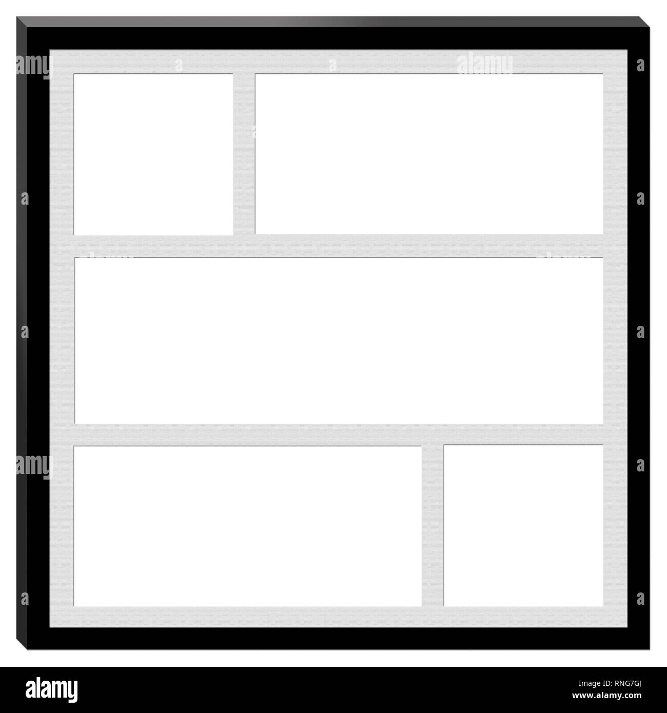 A black frame with space for five photographs, three horizontals and ...