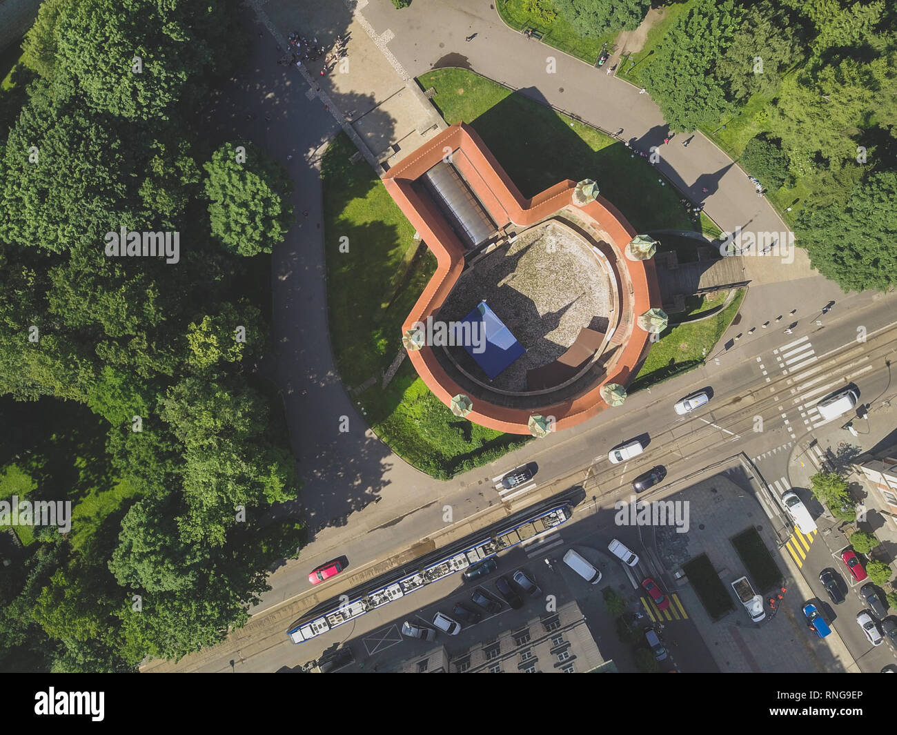 Aerial of Barbican, part of medieval city defense walls, in Krakow ...