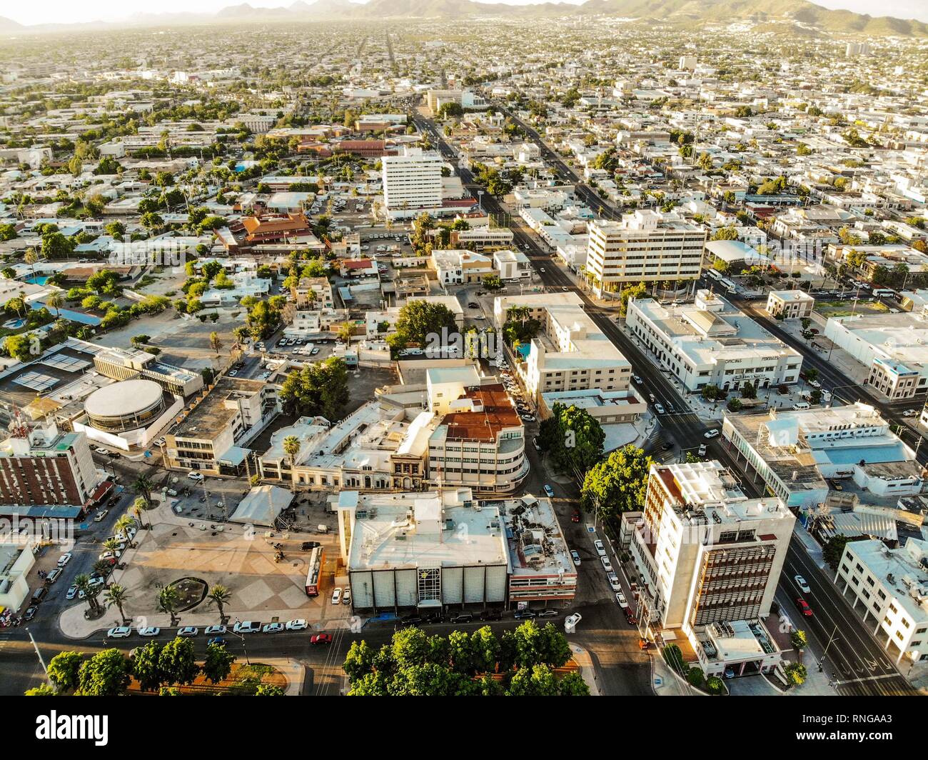 Aerial view of downtown Hermosillo, Sonora. Vista aerea del centro de ...