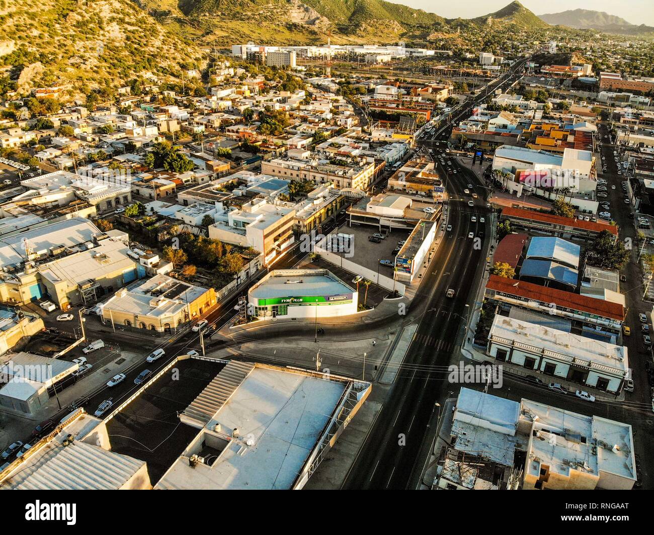 Aerial view of downtown Hermosillo, Sonora. Vista aerea del centro de ...