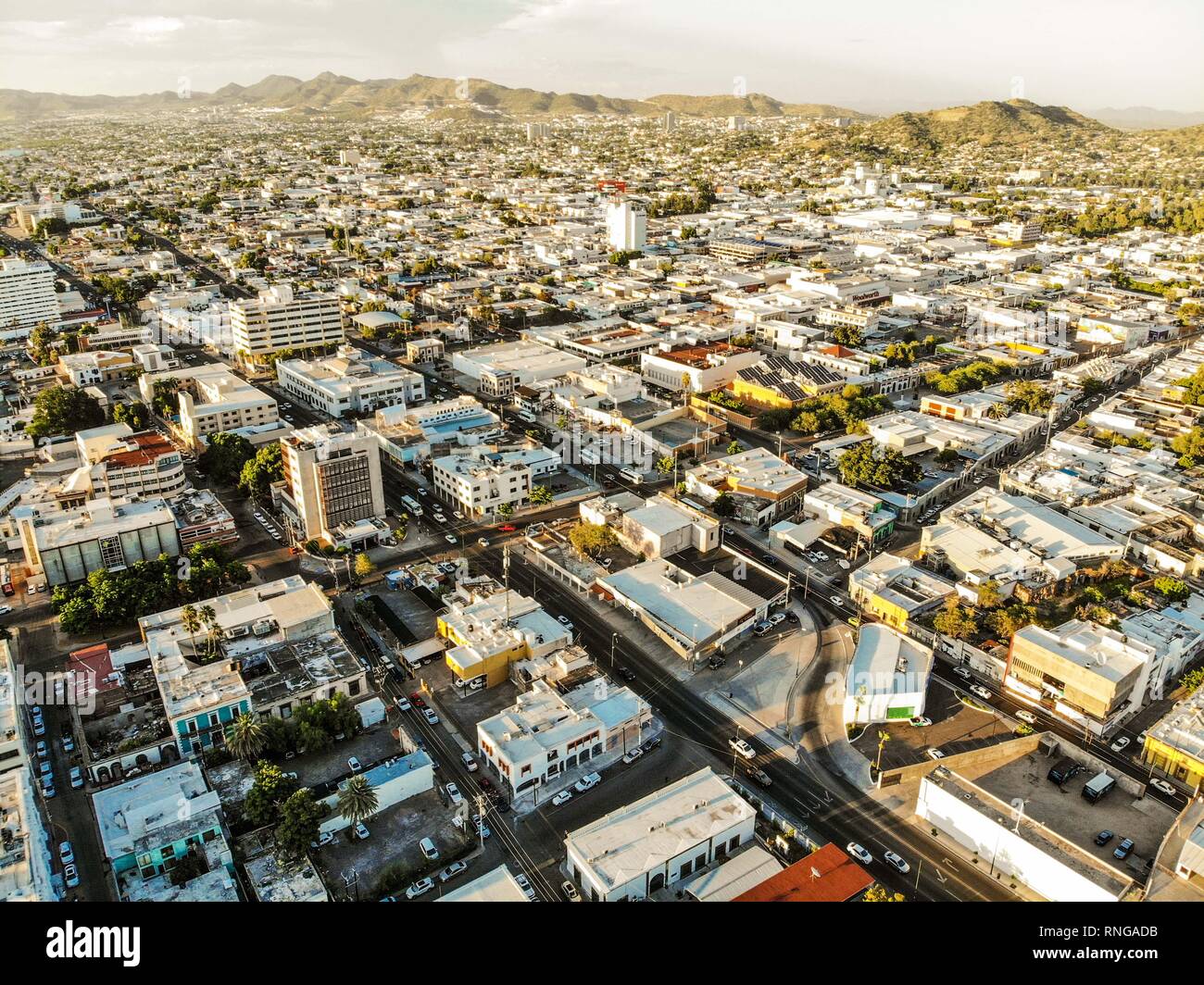 Aerial view of downtown Hermosillo, Sonora. Vista aerea del centro de ...