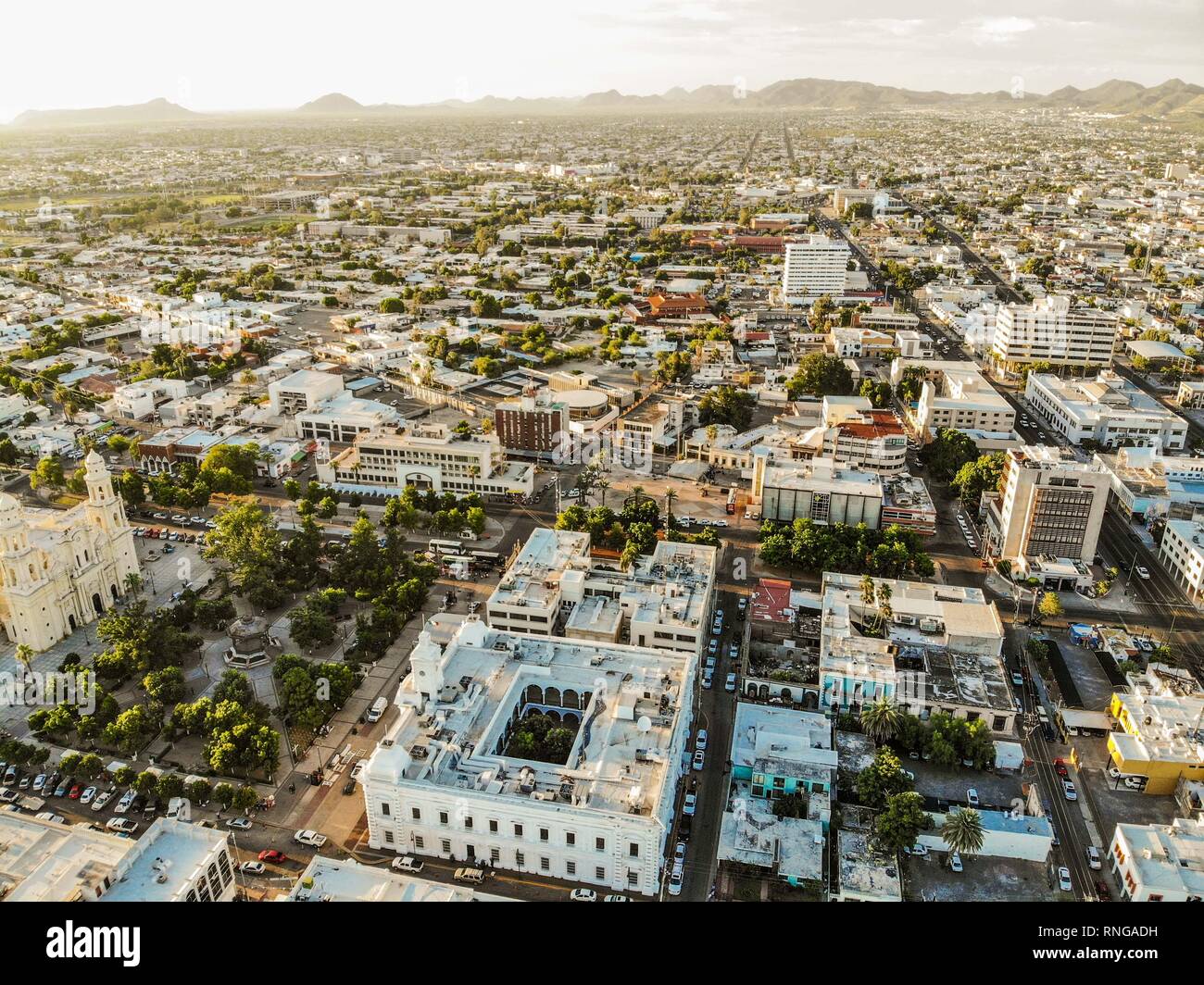 Aerial view of downtown Hermosillo, Sonora. Vista aerea del centro de ...