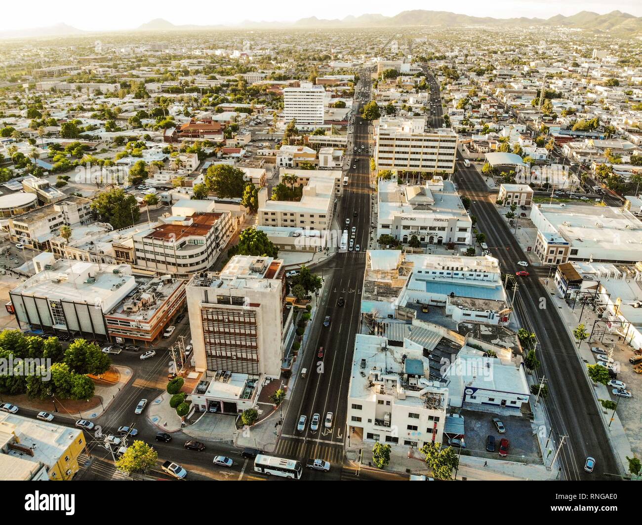 Aerial view of downtown Hermosillo, Sonora. Vista aerea del centro de ...