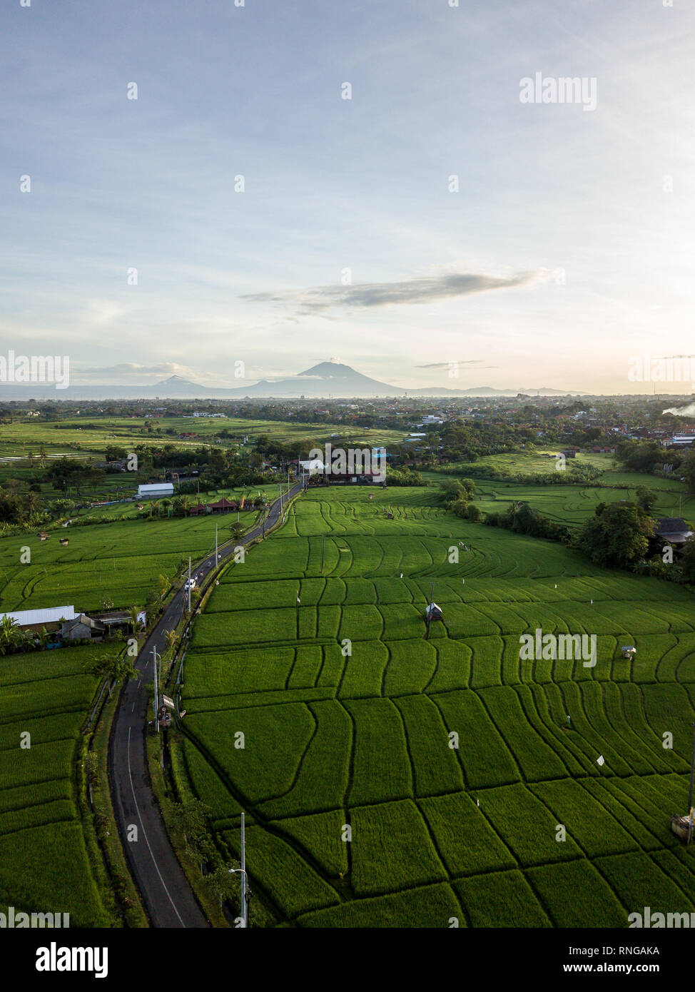 An aerial view of rural Bali with its mountain in the background ...