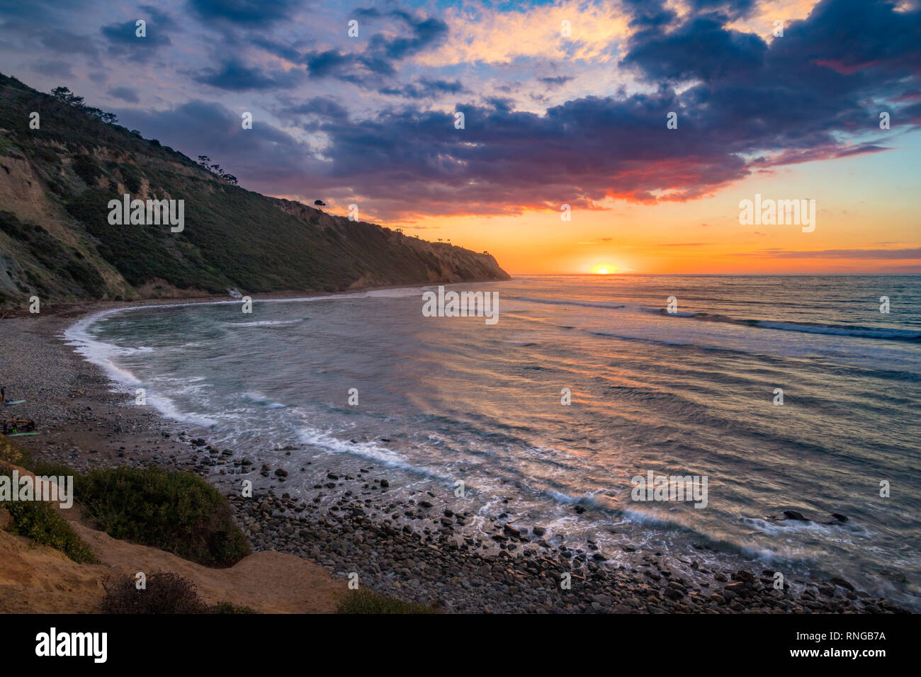 Scenic overlook of Southern California coastline at sunset with ...