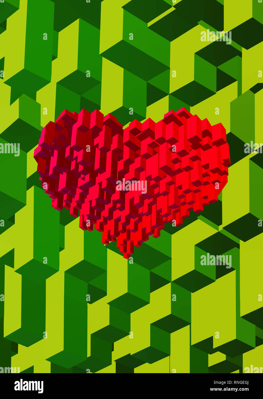 Isometric cube block combine to red heart symbol shape on green ...