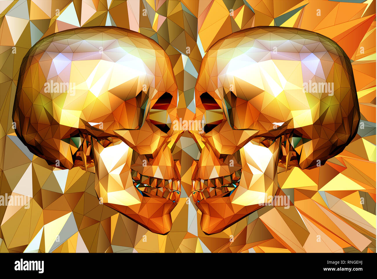 Two low polygon skull in side view facing to each other on orange ...