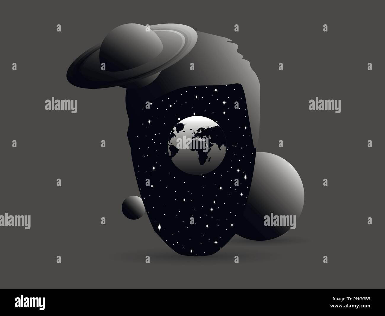 Surrealism, space in the head, stars and planets, Saturn. Infinity of ...